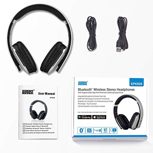 August EP650 Bluetooth Wireless Over Ear Headphones with aptX LL Low Latency/Multipoint/NFC / 3.5mm Audio in/Headset Microphone - Silver