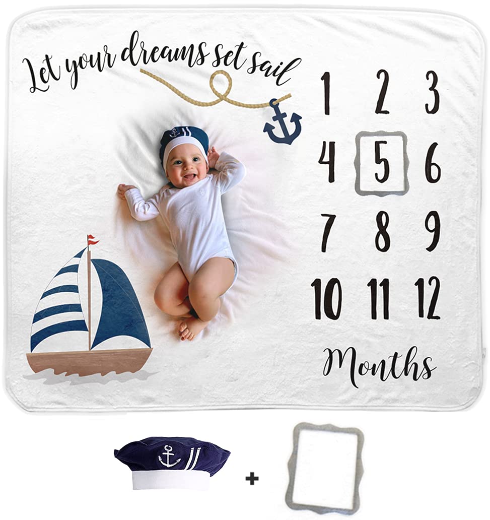 Baby Monthly Milestone Blanket | includes Felt Frame and Baby Sailor Hat | 1 to 12 Months | Premium Extra Soft Fleece | Best Photography Backdrop Prop for Newborn Boy & Girl (Sailor Blanket)