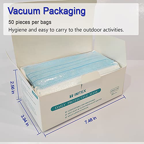 T·IMTEX Disposable Protective Face Mask, Breathable 3 Ply Masks with Earloops,with Melt-Blown Cloth (Blue 50pcs)