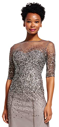 Adrianna Papell Women's 3/4 Sleeve Beaded Illusion Gown with Sweetheart Neckline, Lead, 14