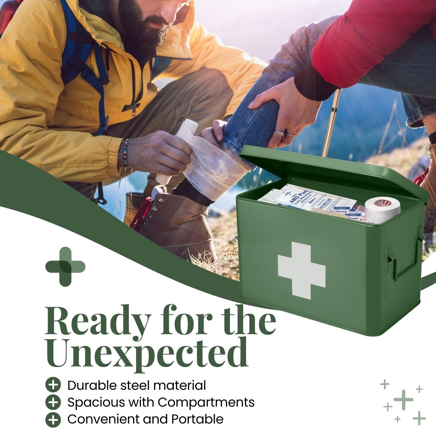 Flexzion First Aid Box Organizer Empty 13" Green Vintage First Aid Kit Tin Metal Medical Box - First Aid Storage Box Container Bins with Dividers, Removable Tray and White Cross Logo