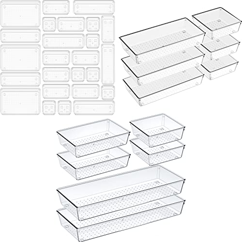 37 PCS Large Clear Plastic Drawer Organizer Set, Non-Slip/Crack Bathroom Vanity Drawer Organizer Trays Dividers, Versatile Storage Bins for Makeup, Jewelry and Office, Desk, Bathroom, Bedroom, Kitchen
