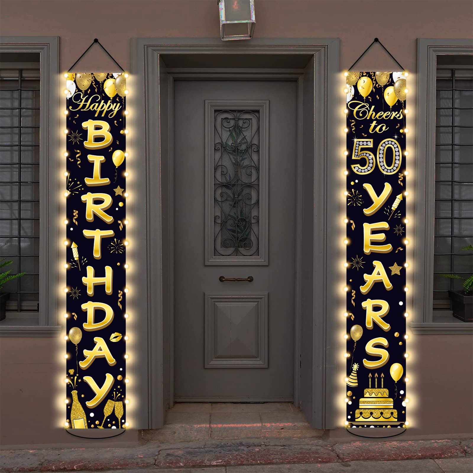 50th Birthday Party Banner Lighted Decorations for Women Men 50 Year Old Lighted Door Banners Black Gold Cheers to 50 Years Birthday Party Supplies Porch Sign with LED Light for Outside Lighted Decor