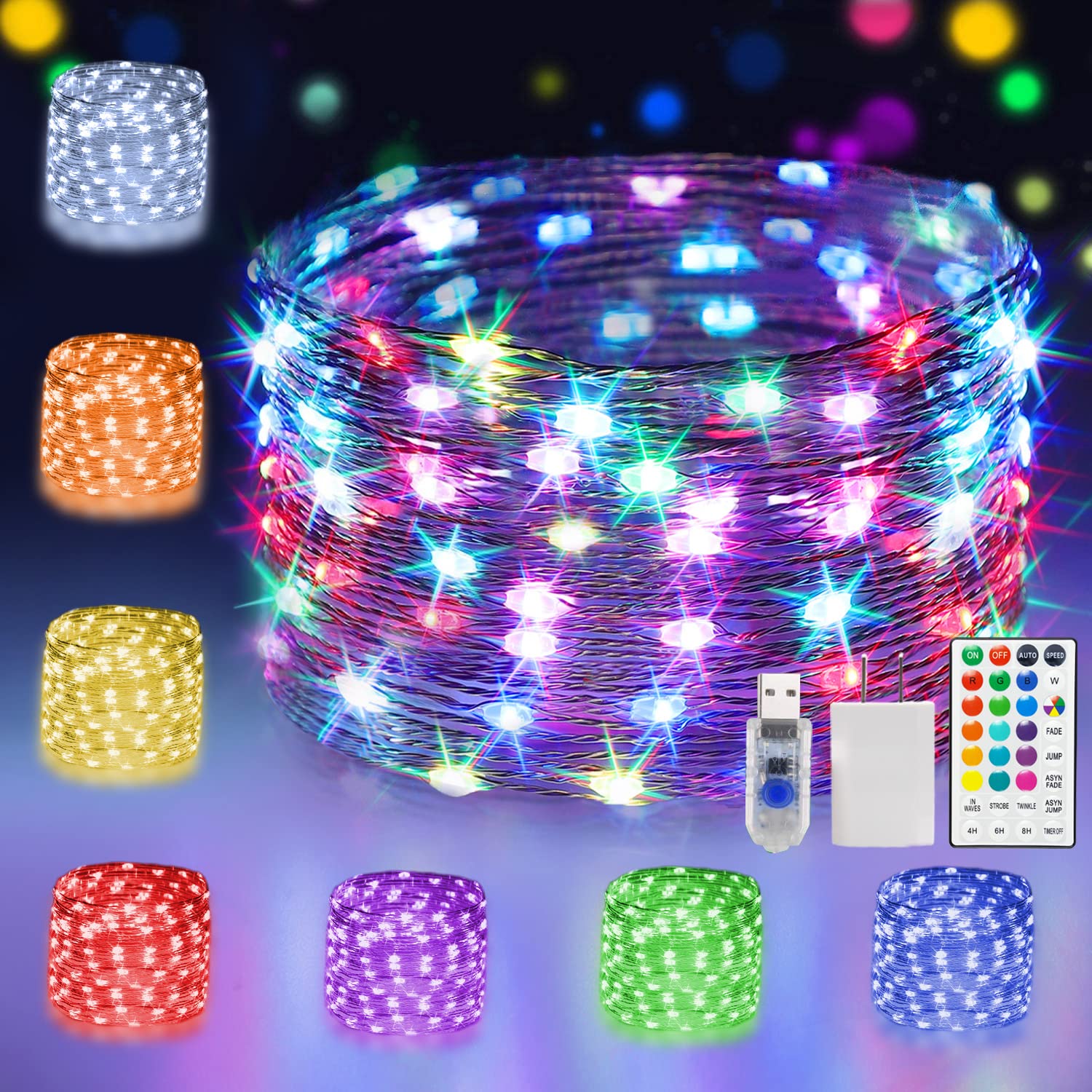 16 Colors Changing Fairy String Lights USB Powered with Remote Control, 33ft 100 RGB LED Bright Silver Wire Firefly Lights for Christmas Tree Wedding Party Indoor Garden Patio Holiday Outdoor Décor