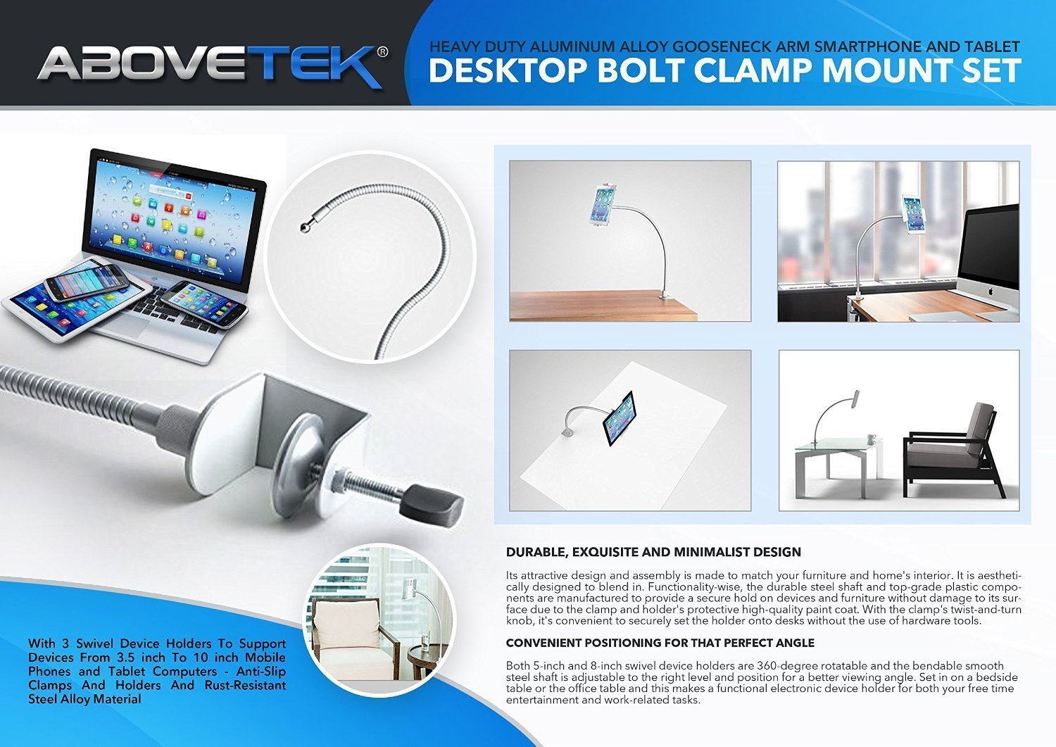 AboveTEK Gooseneck Tablet Holder, Aluminum iPad Stand Flexible Long Arm iPad Desk Mount for Bed Kitchen Office, Heavy Duty Tablet Mount Stand Compatible with iPad iPhone 6-13Pro, Fits for 3.5" - 11"