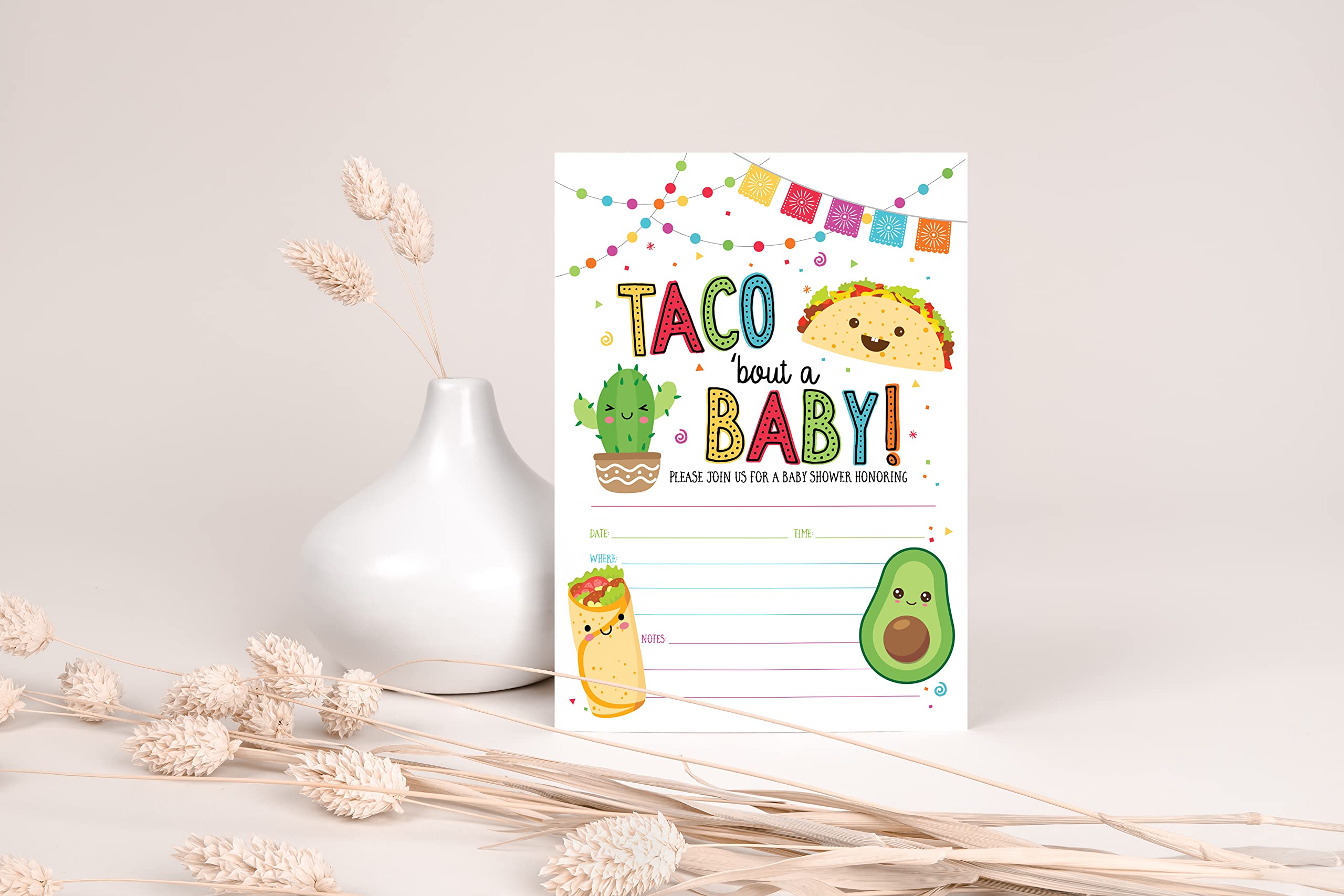Fiesta Taco Bout A Baby Shower Invitations with Book Request and Diaper Raffle Card, 25 Fill in Invites and Envelopes