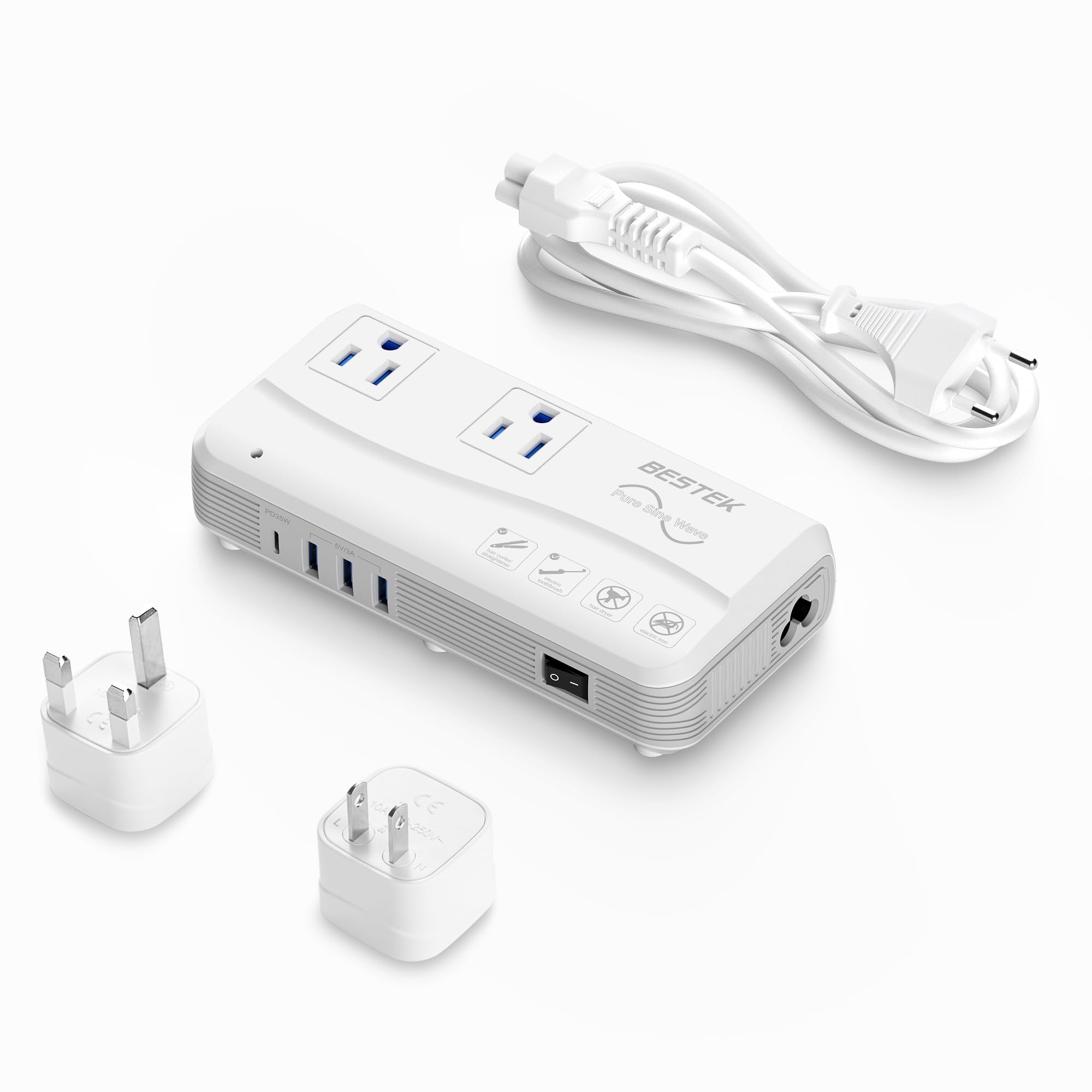 BESTEK Universal Travel Adapter Pure Sine Wave 220V to 110V Voltage Converter with 4 USB(1 PD35W) Charging and UK/AU/US/EU Worldwide Plug Adapter
