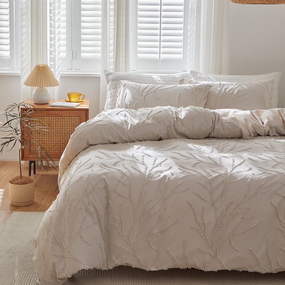 Jolusere Boho Textured Duvet Cover Set Queen Size Beige Solid Reversible Bedding for Women Farmhouse Boho Aesthetic Shabby Chic Bed Soft Lightweight Microfiber Bed Set for All Seasons