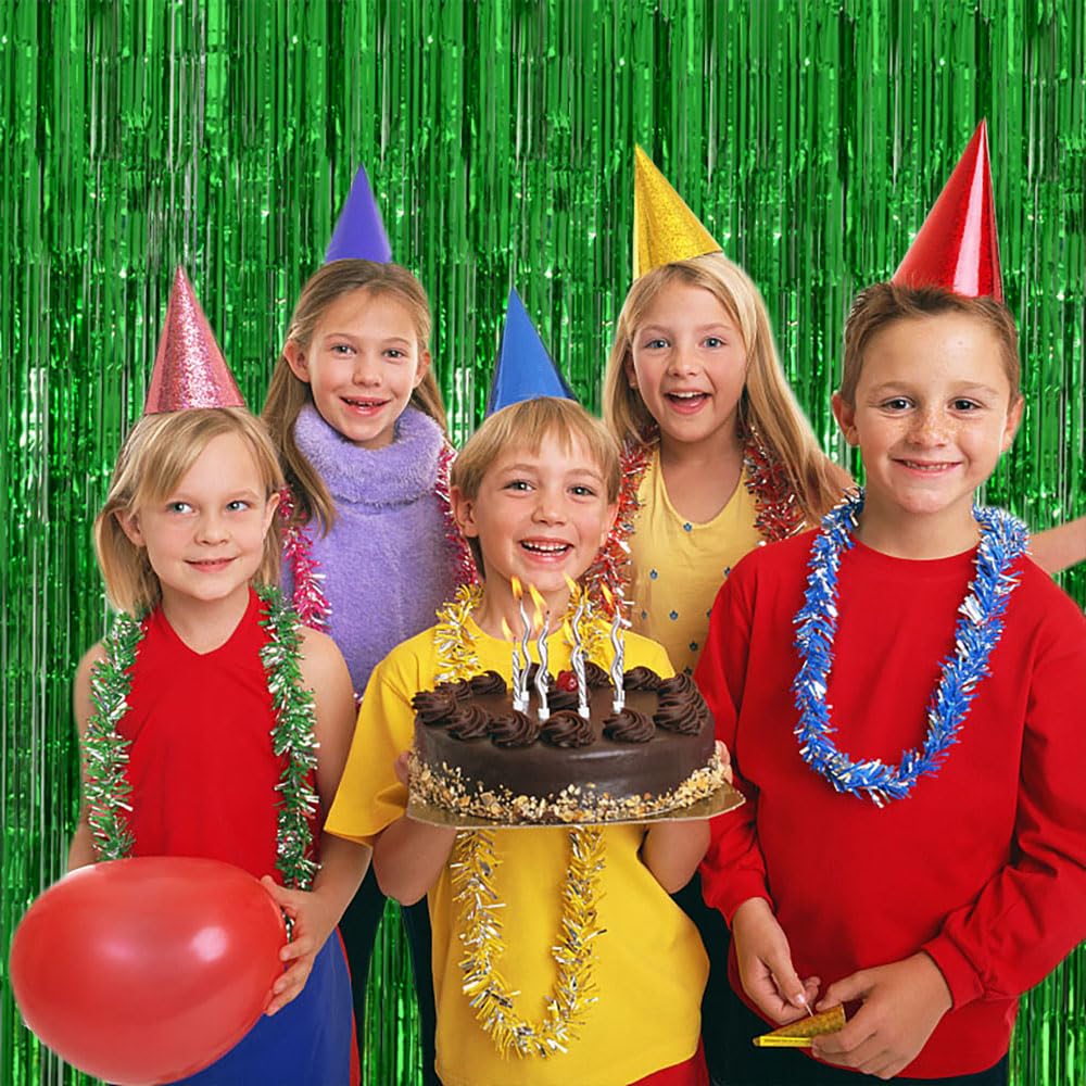 2 Pack 3.3x8.2 ft Green Foil Fringe Curtains Backdrop, Tinsel Curtain Backdrop, Streamer Backdrop for Birthday Party, Graduation and Most Common Holiday Party Decorations. by TOPPOT