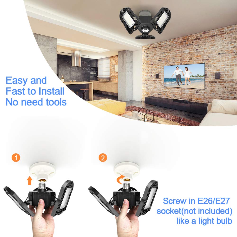 2 Pack 40W LED Garage Lights, Axcelight 4000LM 3 Multi-Position Panels Deformable Garage Ceiling Lighting, 6000K Daylight White with Wide Coverage Angle for Garage Warehouse Workshop Basement Gym Shop