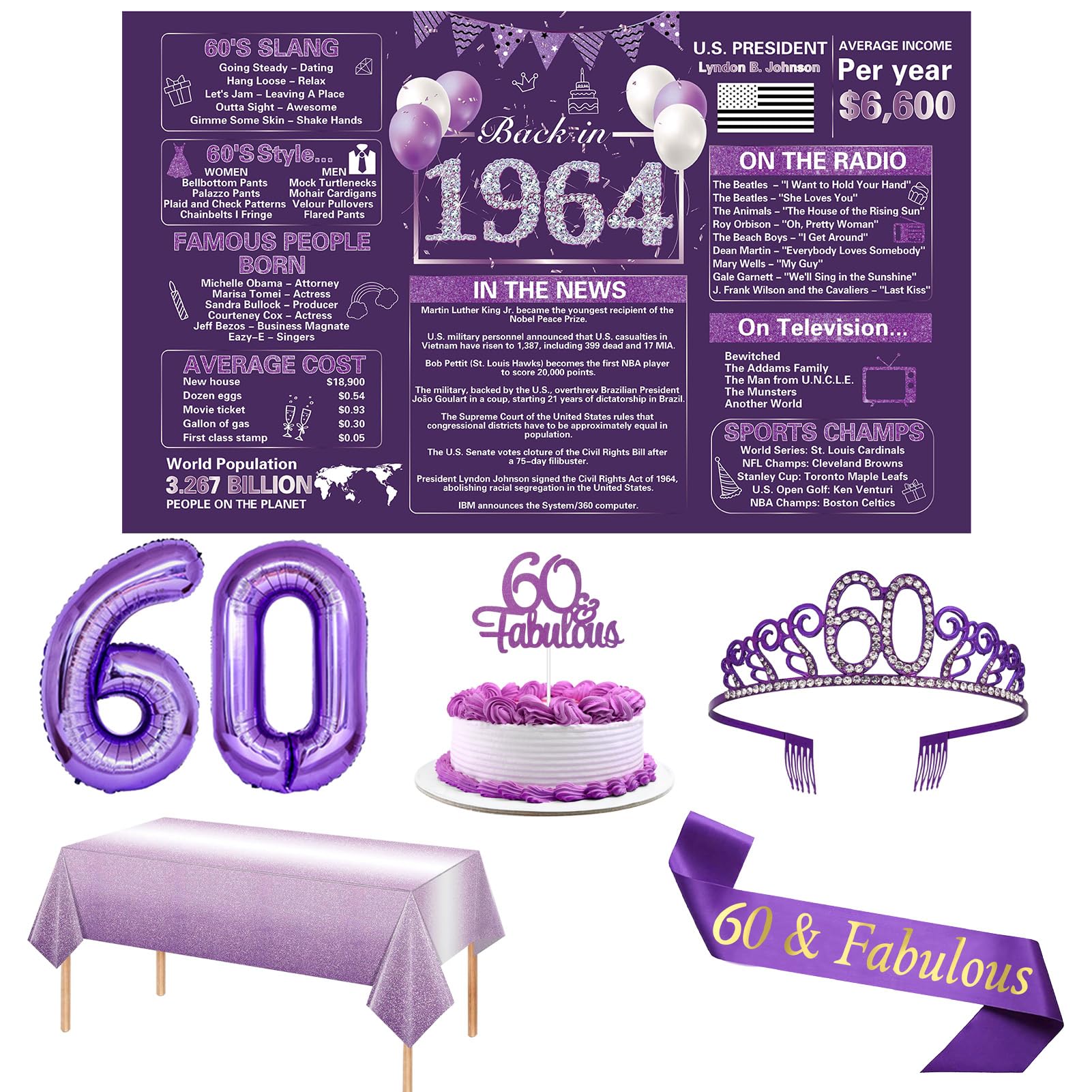 Crenics Purple 60th Birthday Decorations for Women 1964 - Back in 1964 Birthday Backdrop Banner, 60th Birthday Sash and Tiara, Tablecloth and Cake Topper for 60 Years Old Birthday Party Supplies