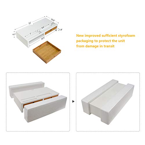 Computer Monitor Stand with Drawers - White Wood Laptop Screen Printer TV Riser 22.05L 10.60W 4.70H inch, Desk Organizer in Home&Office