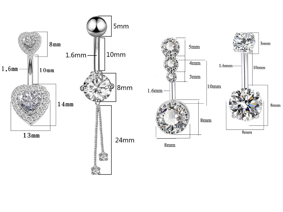14G Surgical Steel Belly Button Rings Round Love Heart Clear CZ Navel Curved Barbell Studs Sexy Body Piercing (4PCS - Steel)