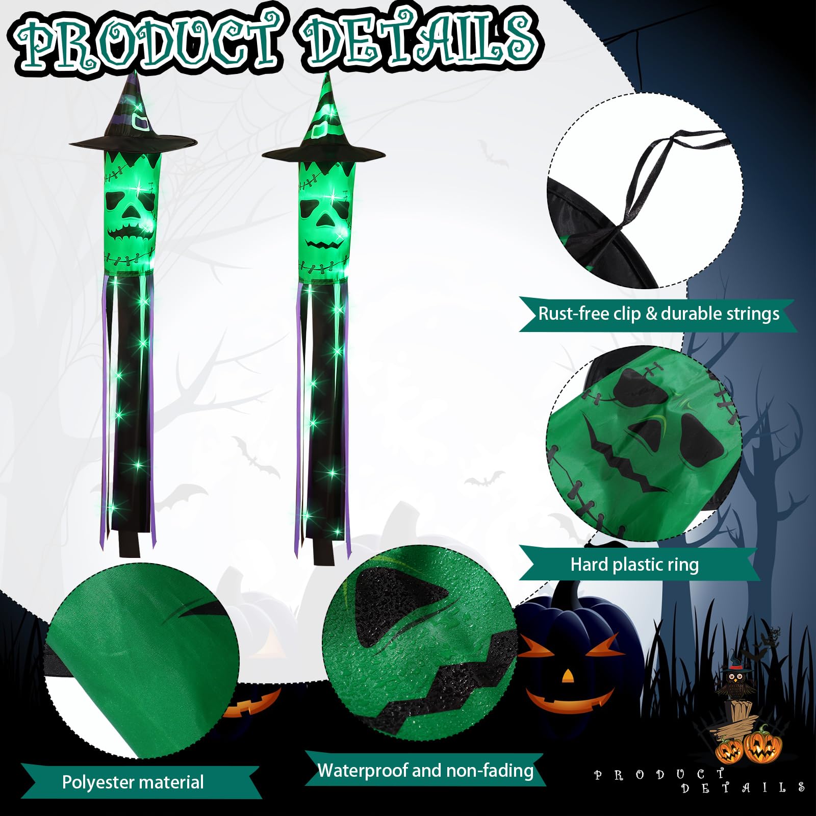 2 Pack Halloween Windsock Flag Halloween Outdoor Decorations with LED Lights Hanging Glowing Witch Hat Windsock Flag Ghost Spooky Wind Socks for Trees Yard Front Door Decor (Green Ghost)