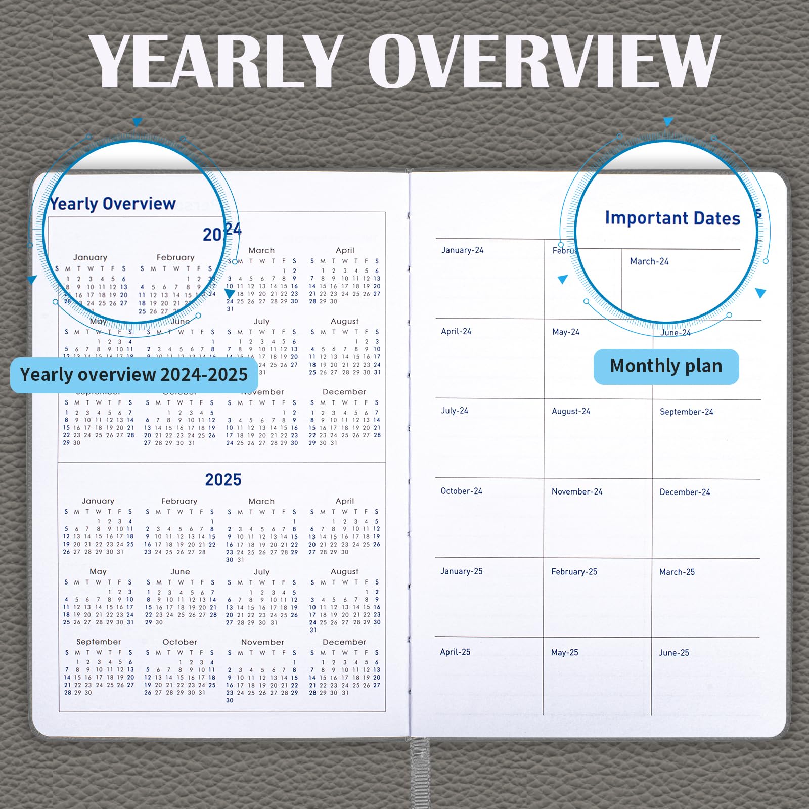 2024-2025 Leather Planner Weekly and Monthly,18 Months Calendar book,2024 Academic Planner From Jan. 2024 - Jun. 2025,2024 Appointment Book,Daily Agenda,Yearly Teachers Planner(5.7 X 8.3" Grey)