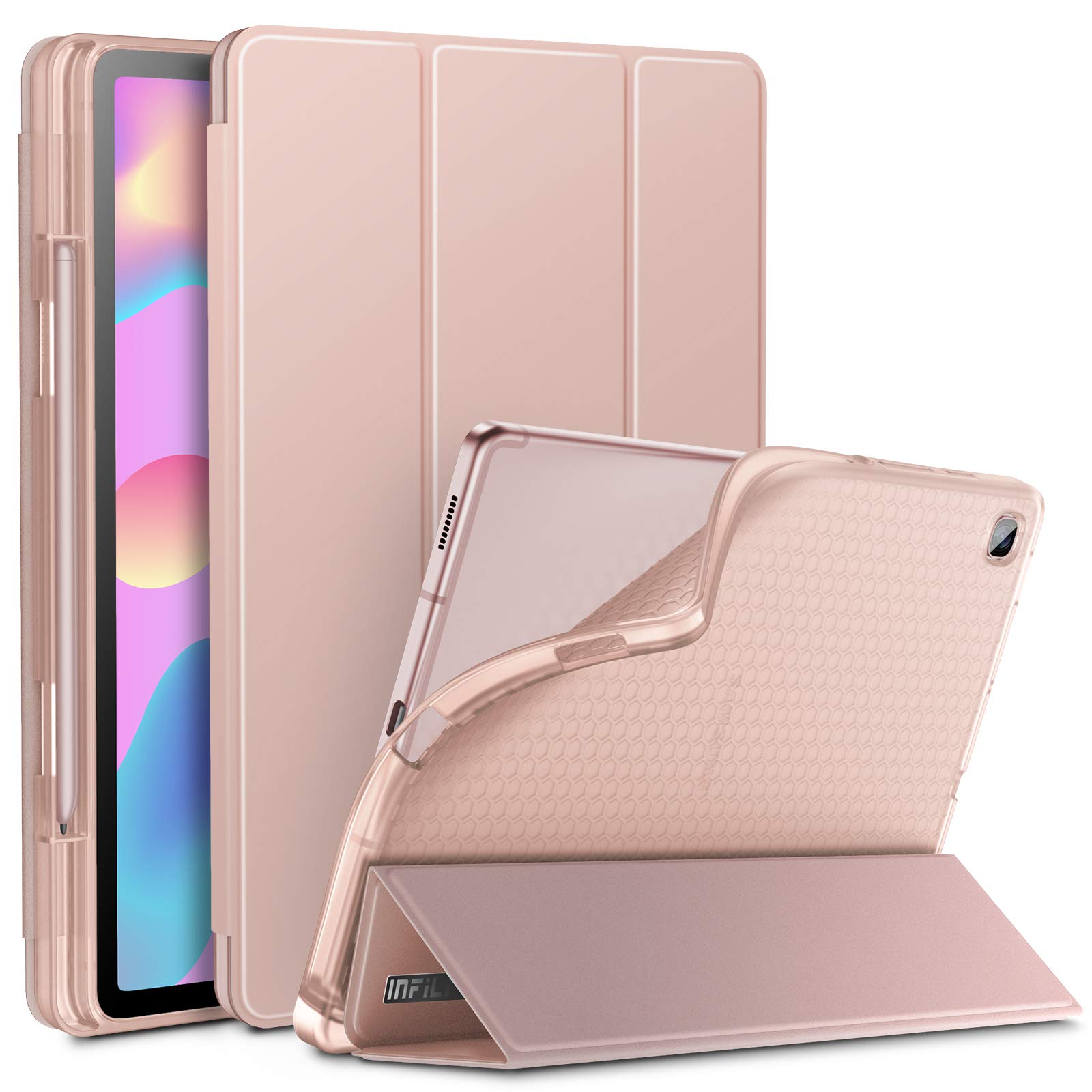 INFILAND Case for Samsung Galaxy Tab S6 Lite 10.4 Inch(2024/2022/2020) - Shockproof Frosted Translucent Back with S Pen Holder&Auto Wake/Sleep Function, Rose-Gold