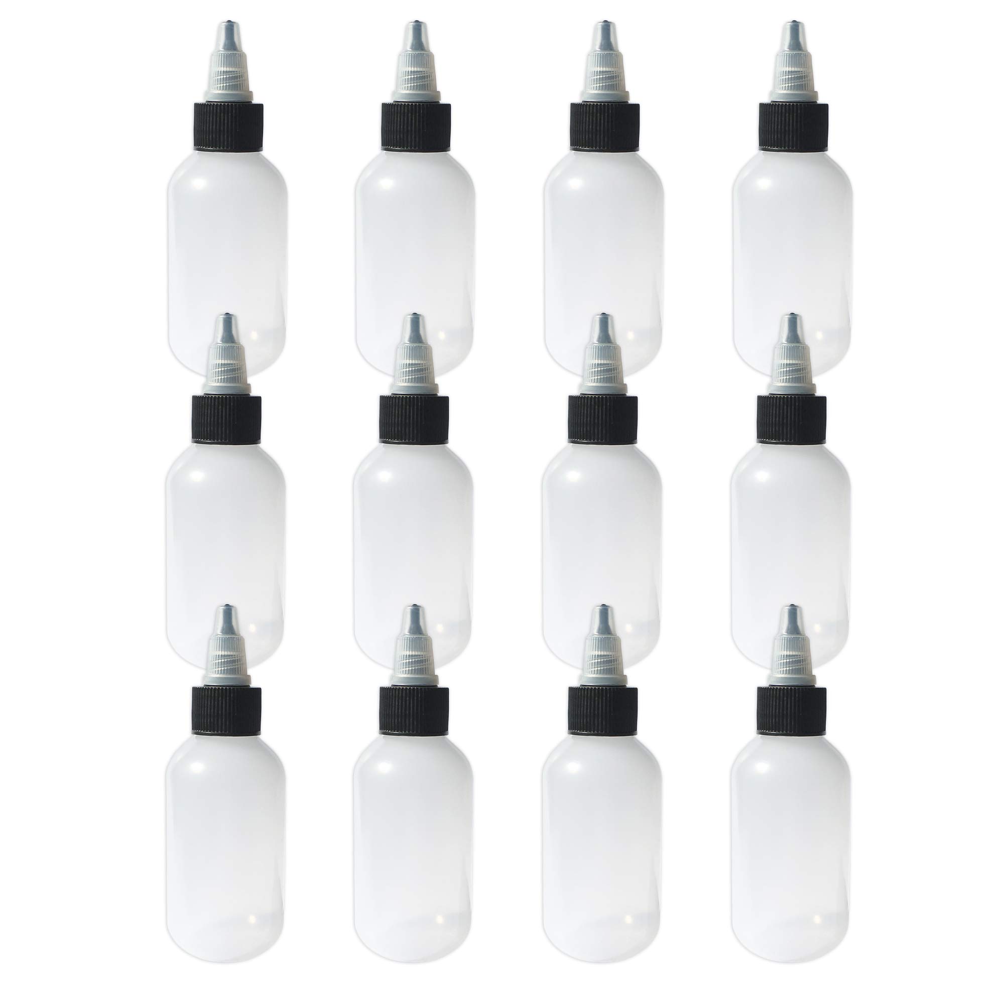 510 Central Twist Top Squeeze Bottles (2oz, 12 Pack) Boston Round with Dispensing Caps - LDPE Plastic - Made in USA