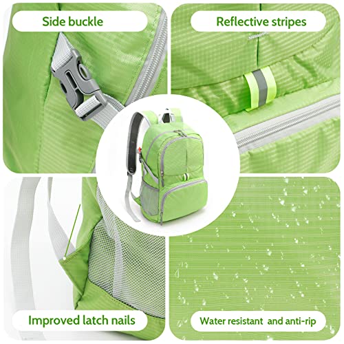 30L Green Lightweight Foldable Large Capacity Backpack for Men and Women - Waterproof Backpack for Travel Sports, Outdoors, Camping and Hiking - Adjustable Shoulder Straps and Multiple Compartments