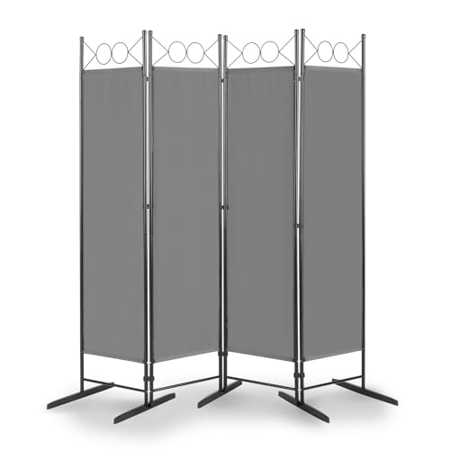 4 Folding Wall Divider, Partition Room Dividers with Decorative Top, 5.74 ft Foldable Privacy Screen Room Separator with Steel Frame, Polyester Fabric, Plastic Feet for Bedroom, Office Gray