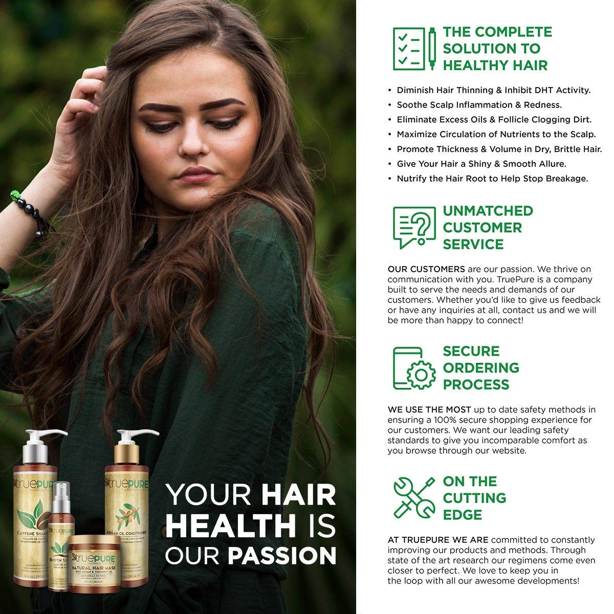 TruePure Hair Bundle - Caffeine Shampoo 8oz + Argan Oil Conditioner 8oz + Biotin Hair Growth Serum 2oz