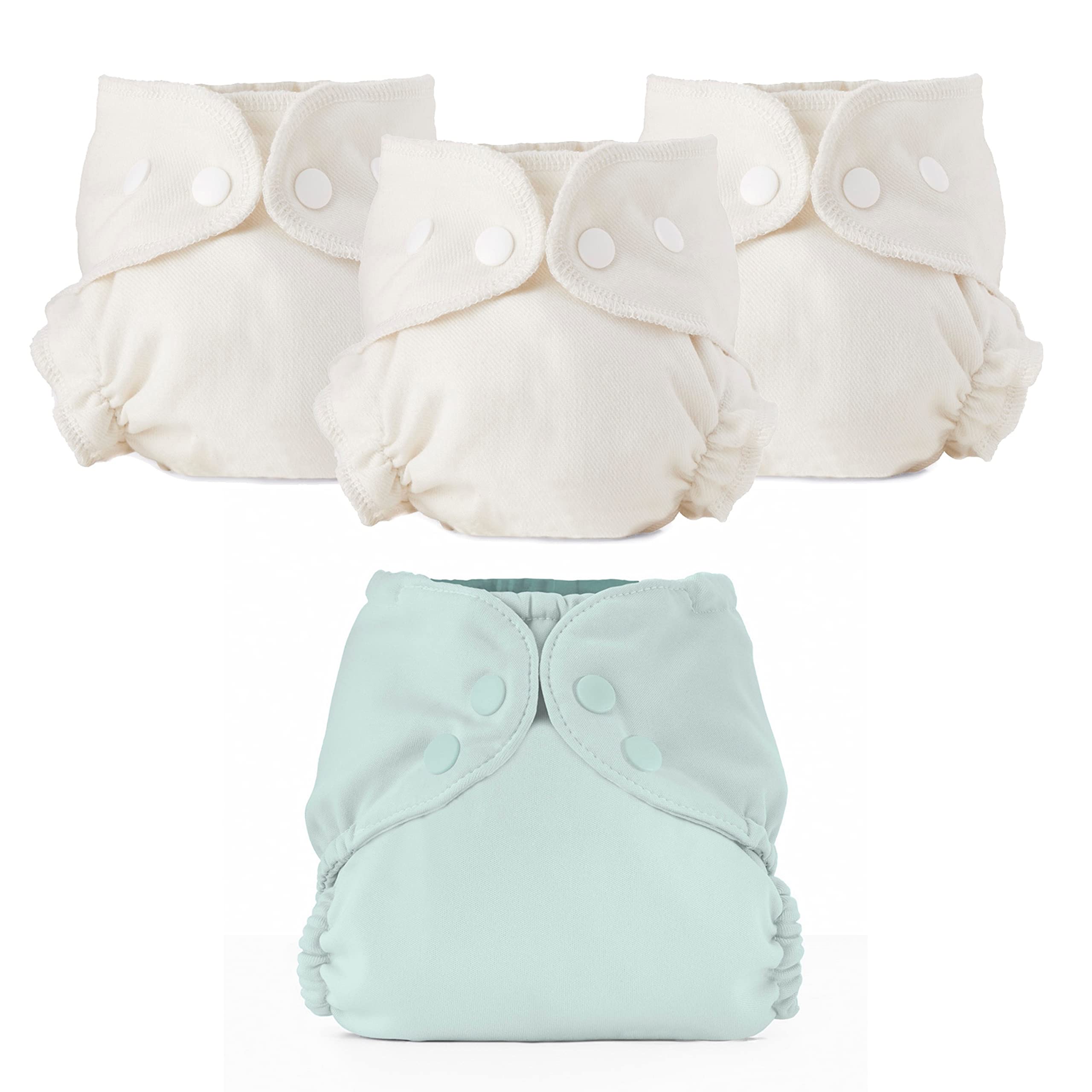 Esembly Cloth Diaper Bundle Set, 3 Organic Absorbent Inners and 1 Waterproof Diaper Cover, Blowout-Proof Reusable Washable Diapers with Snap Closure, Size 1 (7-17lbs), Mist