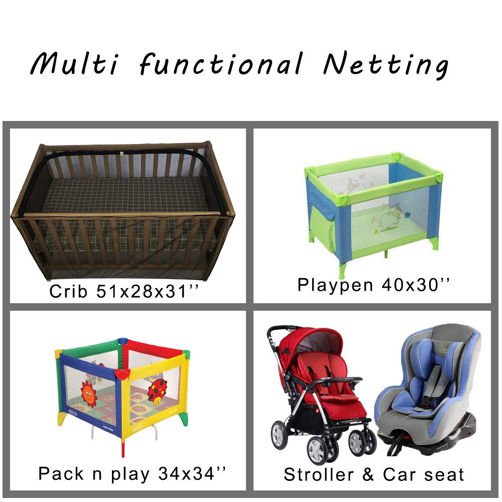 Crib net Crib Tent with Sewn in Storage Pouch, Baby Mosquito net for Crib, Pack N Play, Playpen/Stroller, 3 Sides Zipper Opening, 2 Luminous Zipper Head, Elastic Edges, Easy Attach and Remove, Black