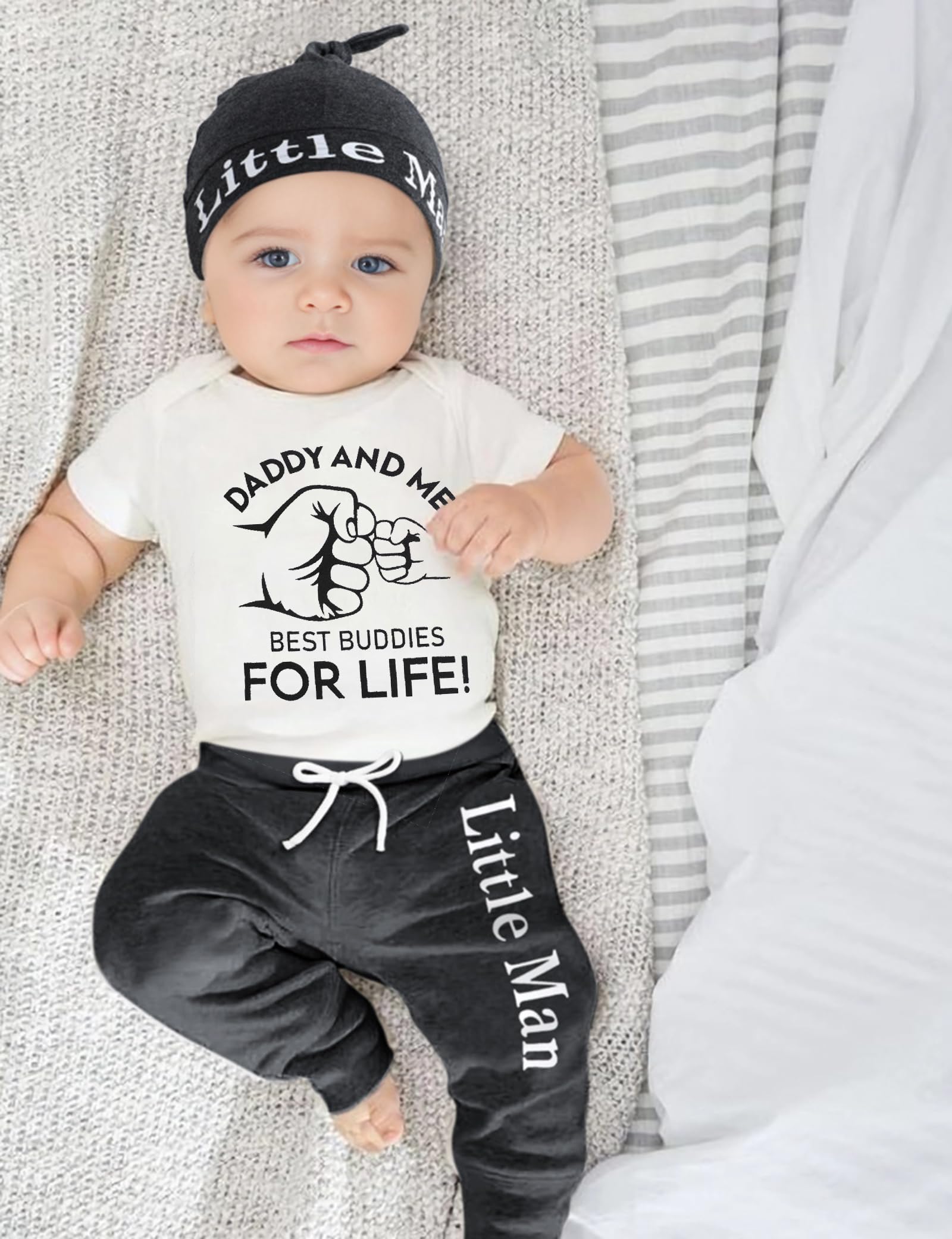 TUEMOS Baby Boy Clothes Daddy and Me The Best Buddies for Life Letter Print Romper Top+Pant with Hat Baby Boy Summer Outfits 3-6 Months