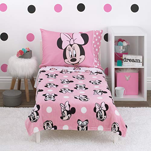 Disney Minnie Mouse - Blushing Minnie - 4 Piece Toddler Bed Set - Coral Fleece Toddler Blanket, Fitted Bottom Sheet, Flat Top Sheet, Standard Size Pillowcase