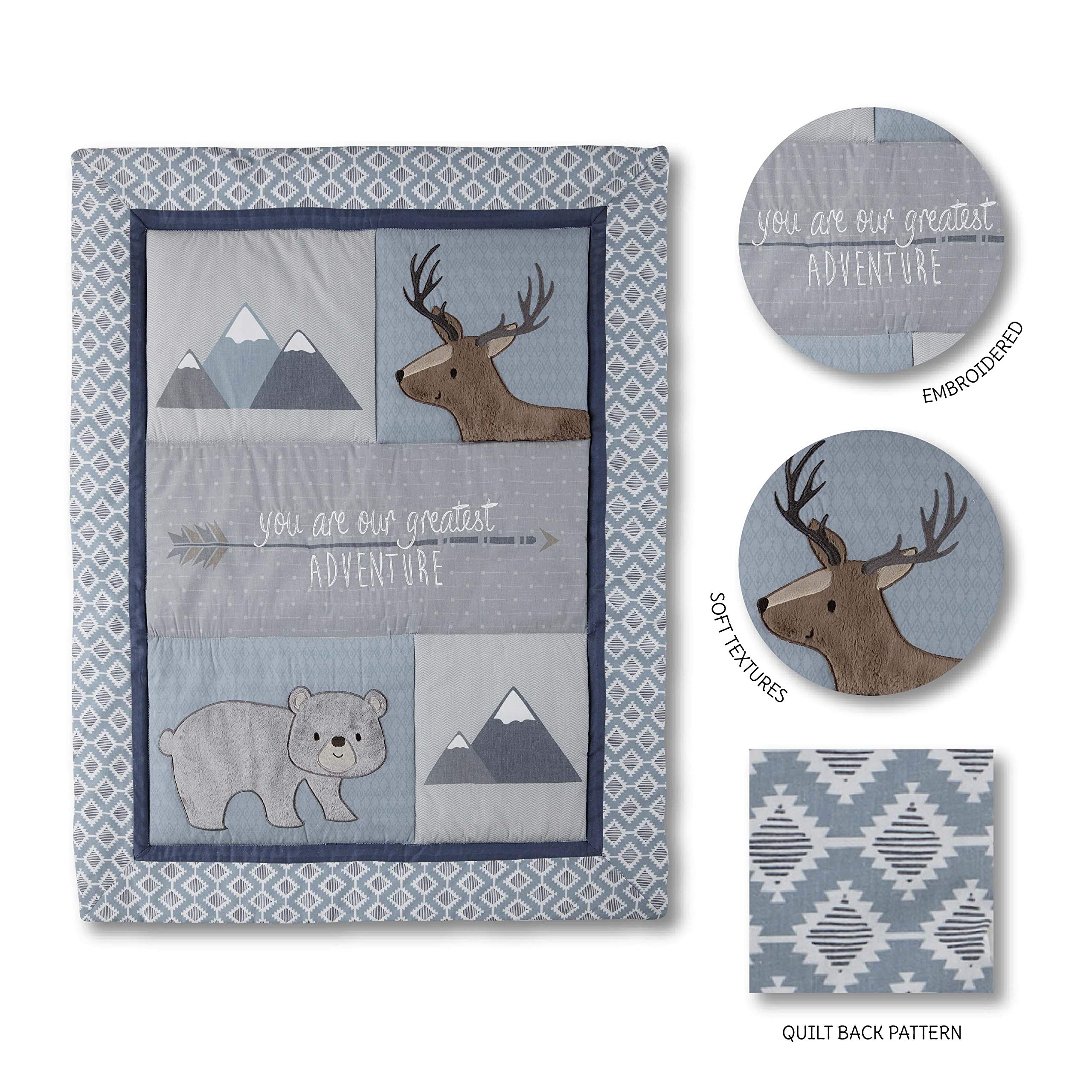 Levtex Baby - Emerson Crib Bed Set - Baby Nursery Set - Navy, Blue, Grey and Tan - Animal Adventure - 4 Piece Set Includes Quilt, Fitted Sheet, Wall Decal & Dust Ruffle