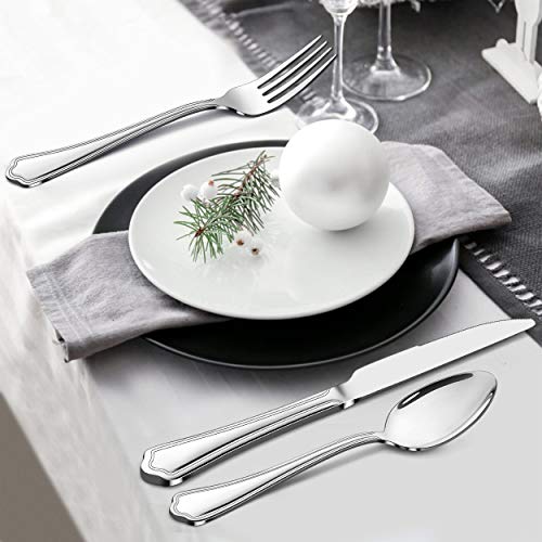 LIANYU 77-Piece Silverware Flatware Set for 12, Plus Steak Knives and Serving Utensils, Stainless Steel Flatware Cutlery Set, Eating Utensils Tableware with Scalloped Edge, Dishwasher Safe