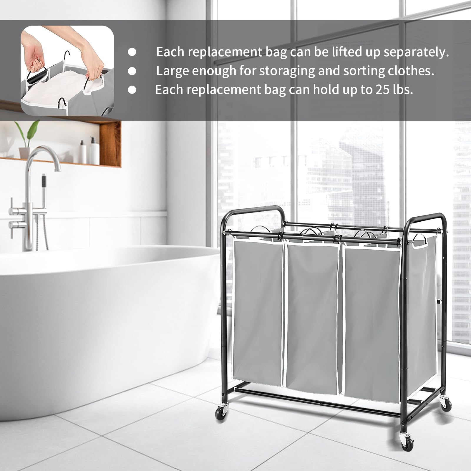 3 Bag Laundry Sorter Replacement Bags, Augot Large Hamper Cart Removable Replacement Bags with 6Pcs Carry Handle, Laundry Organizer Storage Replacement Bags 21“H×15“L×9”W (No Hangers )