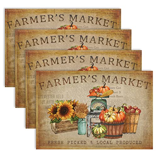 AnyDesign Vintage Fall Harvest Placemats Autumn Pumpkin Sunflower Farmer's Market Table Mats Washable Table Placemats Dinner Mats for Thanksgiving Home Farmhouse Kitchen Decor, 4Pcs, 12 x 18 Inch