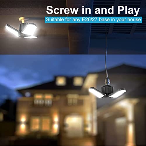 2-Pack LED Garage Lights, 80W LED Shop Light 5000K 8000LM Three-Leaf Garage Ceiling Light Fixtures,Adjustable Multi-Position Panels，E26 Base,LED Glow Light for Garage, Workshop Attic and Basement