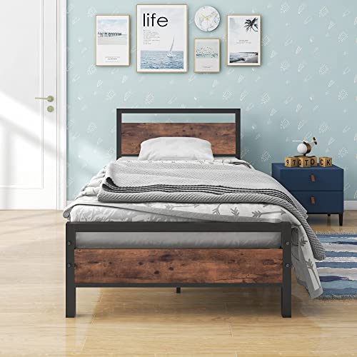 BOFENG Twin Size Bed Frame with Vintage Wood Headboard Farmhouse Bed,Heavy Duty Metal Platform Bed Frames No Box Spring Needed,Firm Mattress Foundation Steel Slat Support Easy Assembly(Rustic Brown)