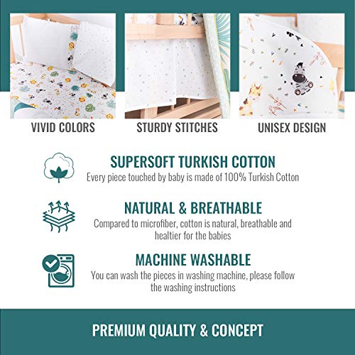 PAMOOQ 100% Cotton Crib Bedding Set | 8-Piece Baby Bedding Crib Set | Jungle Safari Design Nursery Crib Set | Premium Turkish Cotton | Woodland Collection | Includes Mattress Protector