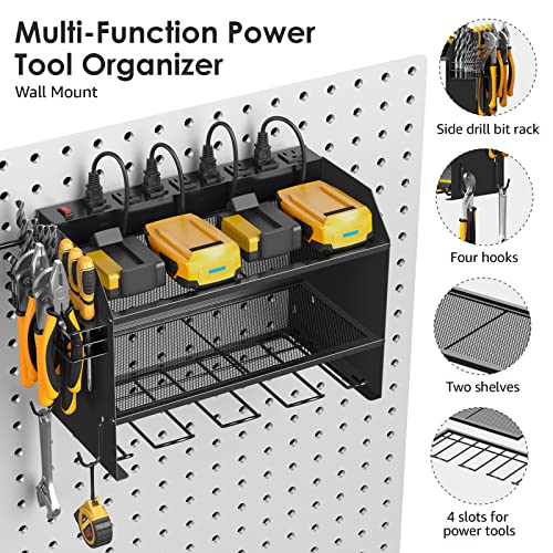 CCCEI Modular Power Tool Organizer Wall Mount with Charging Station. Garage 4 Drill Storage Shelf with Hooks, Screwdriver, Drill Bit Heavy Duty Rack, Tool Battery Holder Built in 8 Outlet Power Strip.