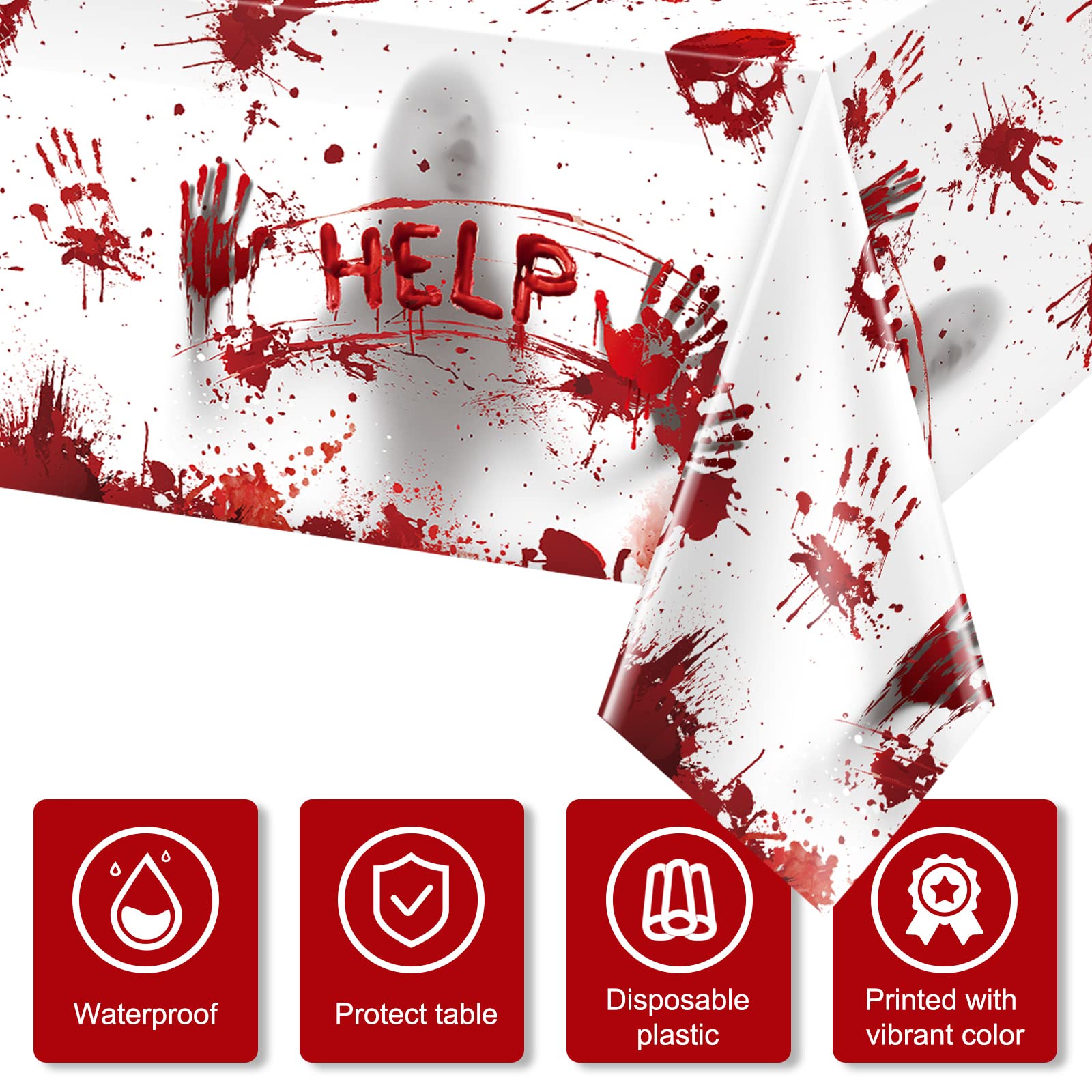 3Pcs Halloween Bloody Handprint Tablecloth Decorations, Plastic Handprints Shadowy Bloody Skull Table Cover Backdrop Banner for Halloween Vampire Zombie Horror Party Supplies,54 x108 inches