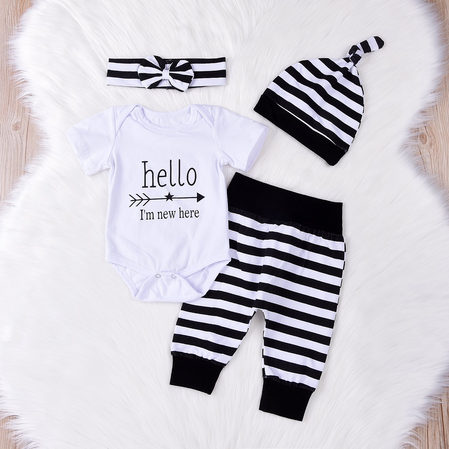 Newborn 4pcs Set Outfit Striped Hoodie with Romper Jumpsuit+ Striped Long Pants and Hat (Newborn, White)