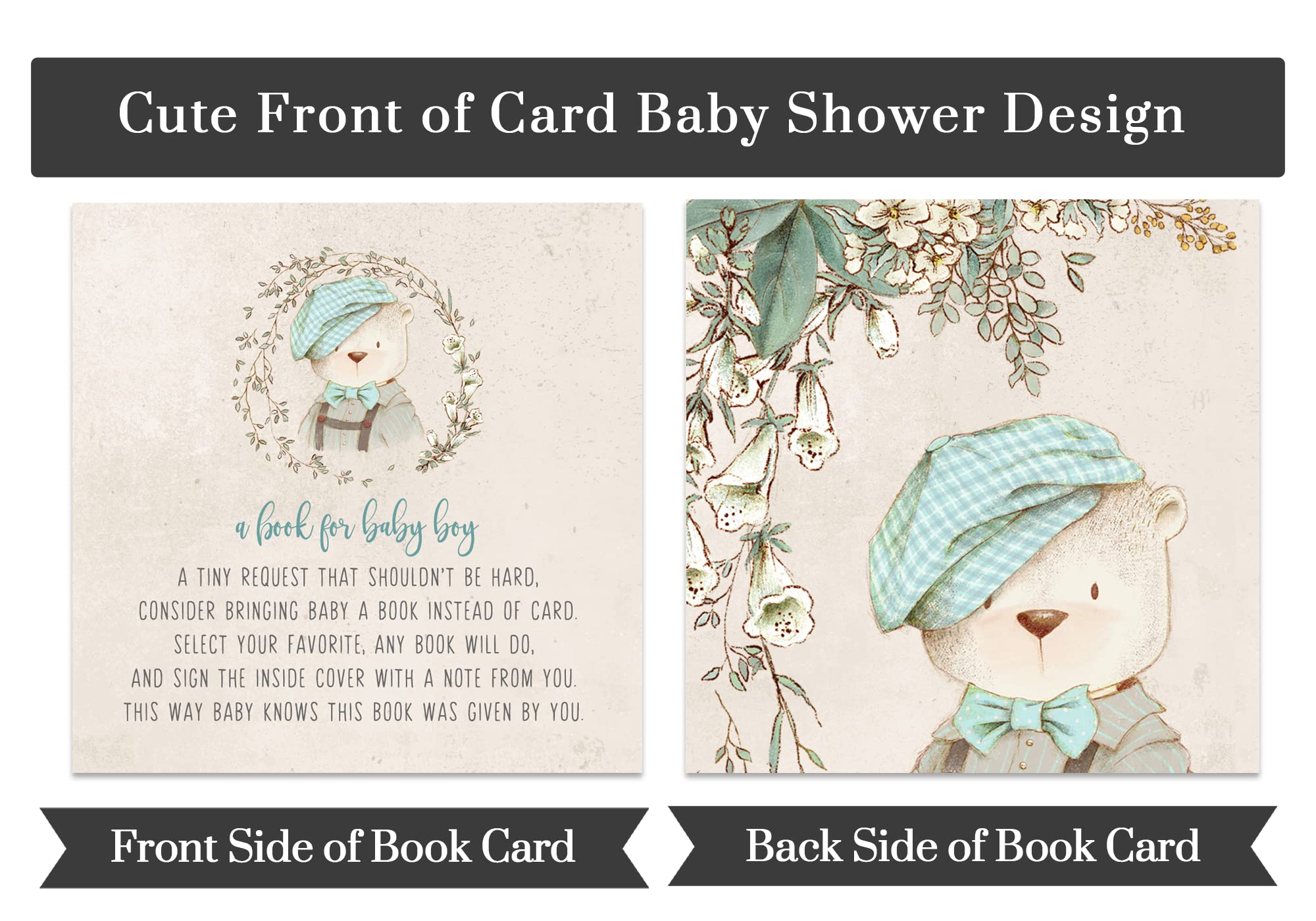 Paper Clever Party Teddy Bear Bring a Book Cards for Baby Shower (25 Pack) Boys Invitation Insert for Bow Tie Parties – Rustic Greenery Theme Blue – 4x4 Printed Card Set