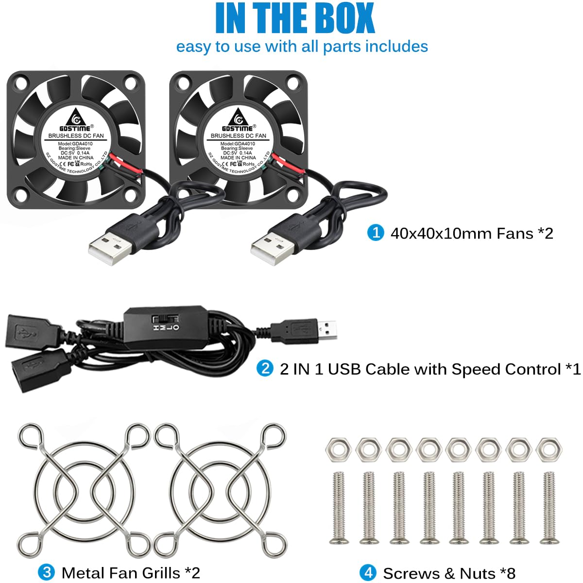 GDSTIME 2-Pack Quiet 40mm USB Fans with 3 Speed Control, Mini 5V DC Brushless Computer Case Fan for VR Gear Raspberry Pi Cosplay Helmet Mini PC Aquarium Roku Router Cooling Ventilation