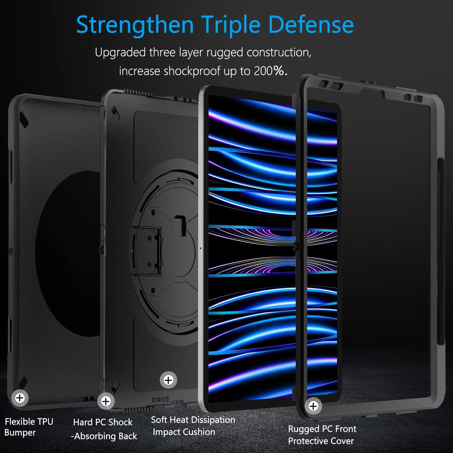 Miesherk Case for iPad Pro 11 Inch Case 2022/2021: iPad Pro 11 Case 4th Generation, Military Grade Heavy Duty Shockproof Rotating Stand+Hand/Shoulder Strap for iPad Pro 11 2021 3rd Gen Case, Black