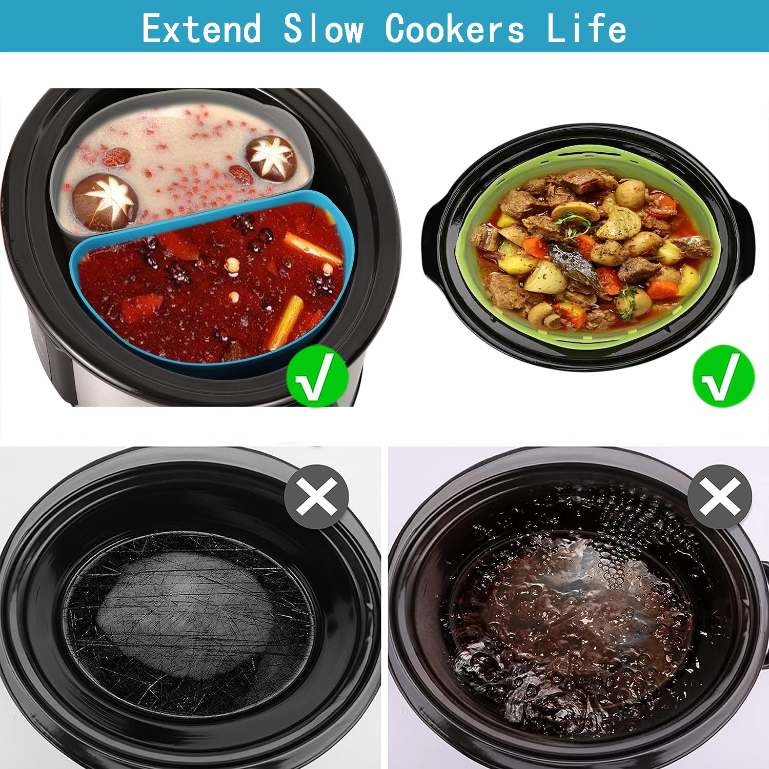 3 in 1 Kit Silicone Slow Cooker Liners, Reusable Slow Cooker Divider Insert for 6-7-8-10 QT Oval Slow Cooker, BPA Free Leak-Proof Dishwasher Safe Slow Cooking Bag Liner