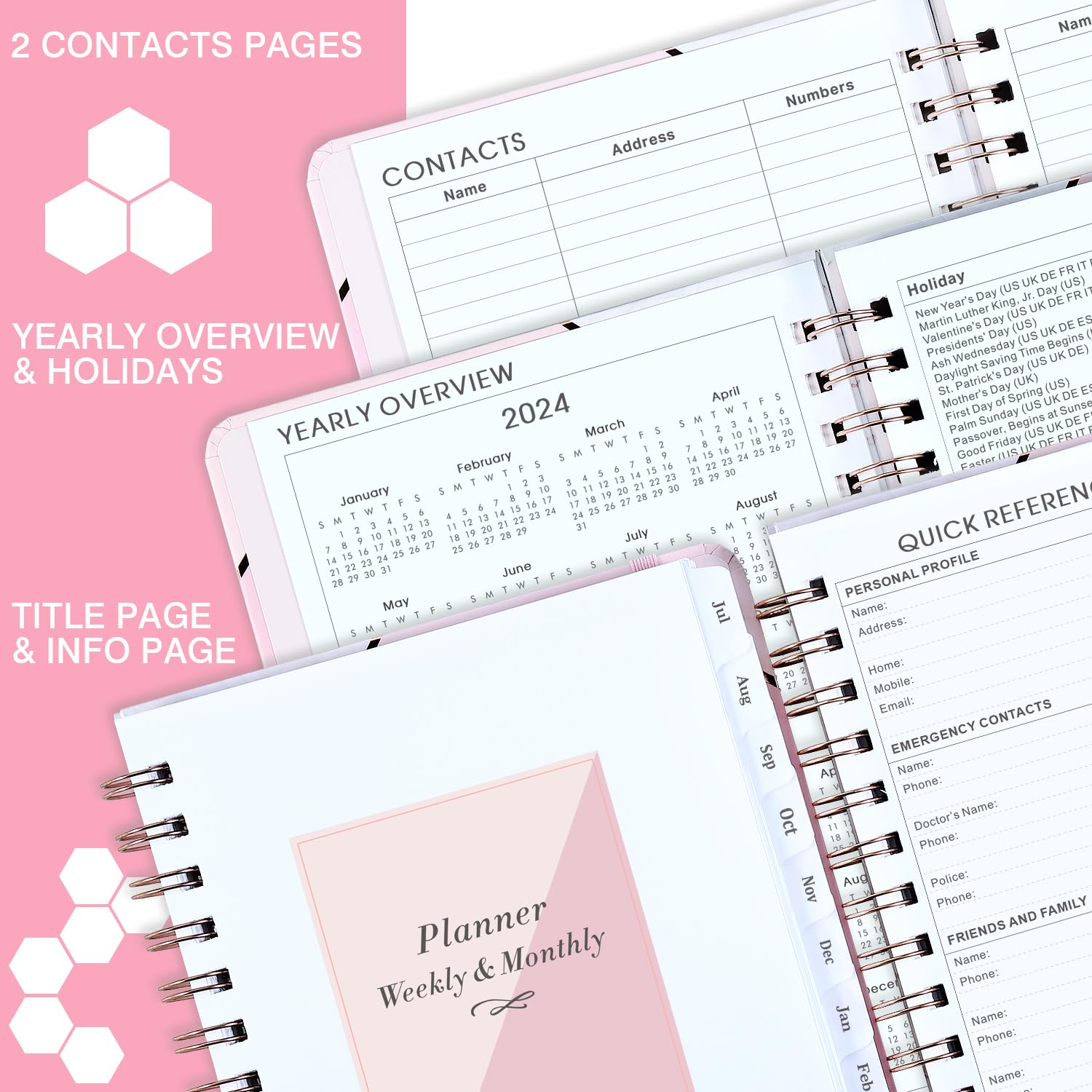 2024-2025 Planner - July 2024 - June 2025, Planner 2024-2025, 6.3" x 8.4", 2024-2025 Weekly and Monthly Planner with Marked Tabs - Pink Marble