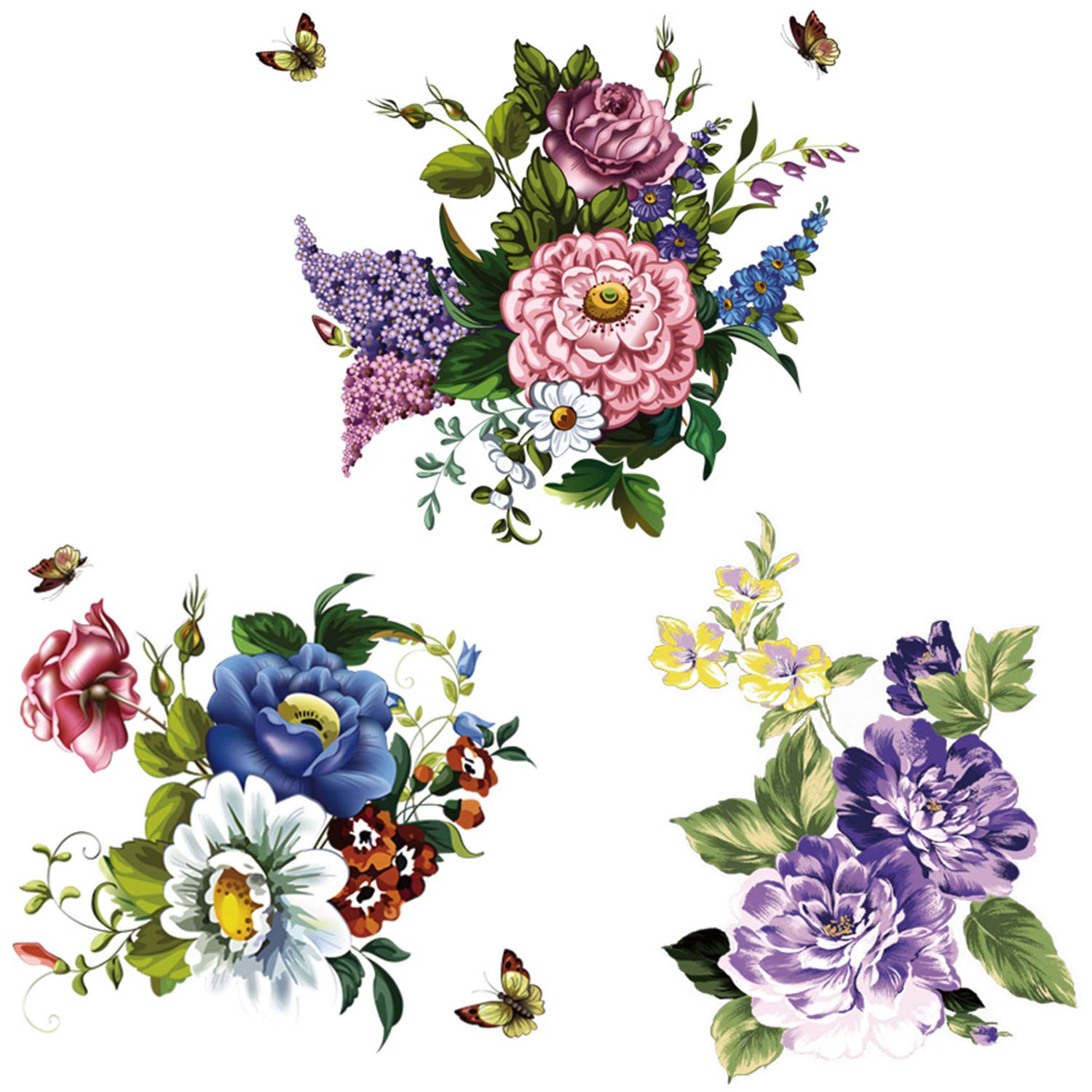 3Pcs Peony Rose Lavender Butterfly Flower Wall Stickers Beauty Flowers Decals Self Adhesive Removable Waterproof Vinyl Art Murals for Living Room Bedroom Toilet Restroom House DIY Decoration (Style D)