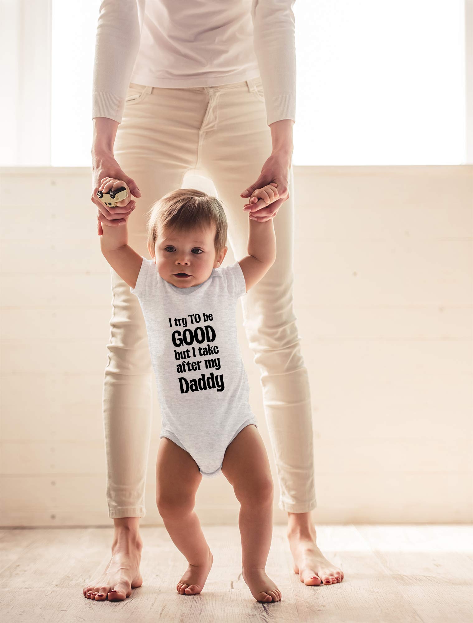 Crazy Bros Tee's I Try To Be Good, Take After My Daddy Baby Bodysuit Cute Newborn Clothes Unisex Humor Romper (Newborn, Heather Grey)