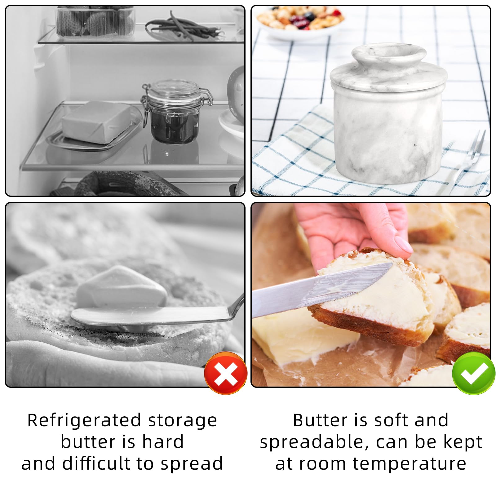 Butter Crock with Lid, Soft Spreadable Butter keeper, Marble French Butter Keeper to Leave On Counter, Butter Dish, Home and Kitchen Decor for Countertop (White Grey, Large)