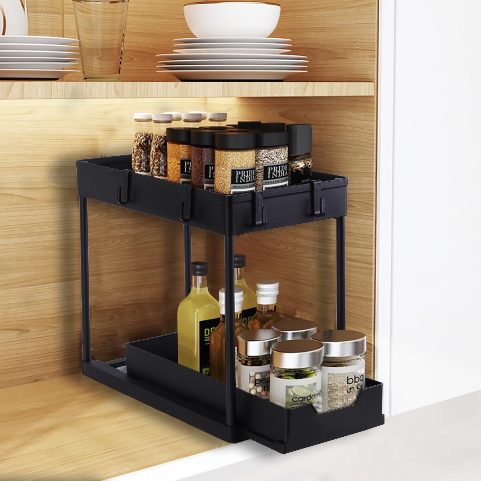 2 PCS Under Sink Organizer, 2-Tier Sliding Cabinet Basket Organizer Drawers, Under Sink Organizers and Storage Bathroom Kitchen Cabinet Organizer with Hooks The Bottom Drawers Can Be Slid Out