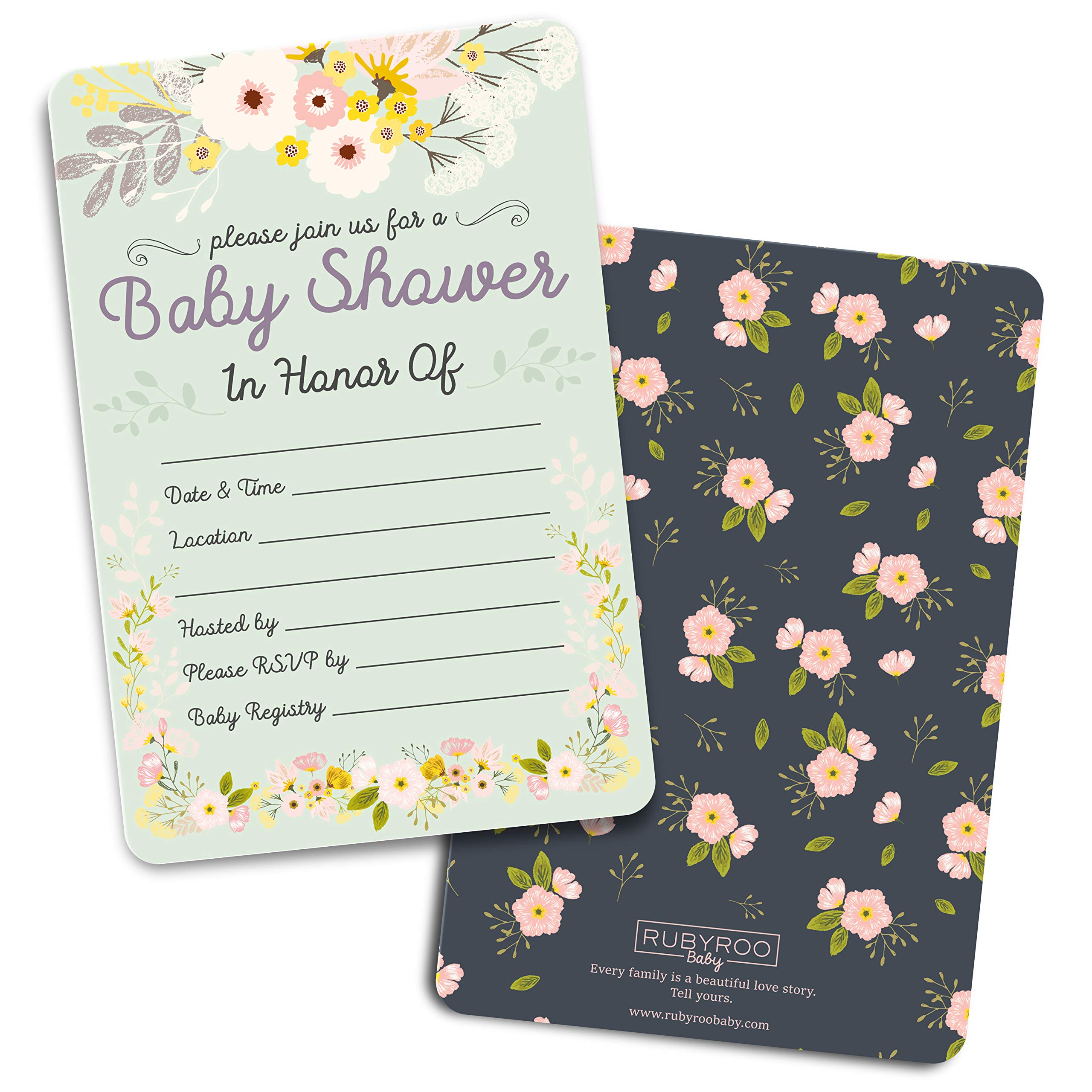 Baby Shower Invitations - 30 Cards + envelopes. Gender Neutral for boy or Girl. Match Baby Shower Games, Decorations & Favors. Perfect invites for Showers, Sprinkles or Gender Reveal Party. (Floral)