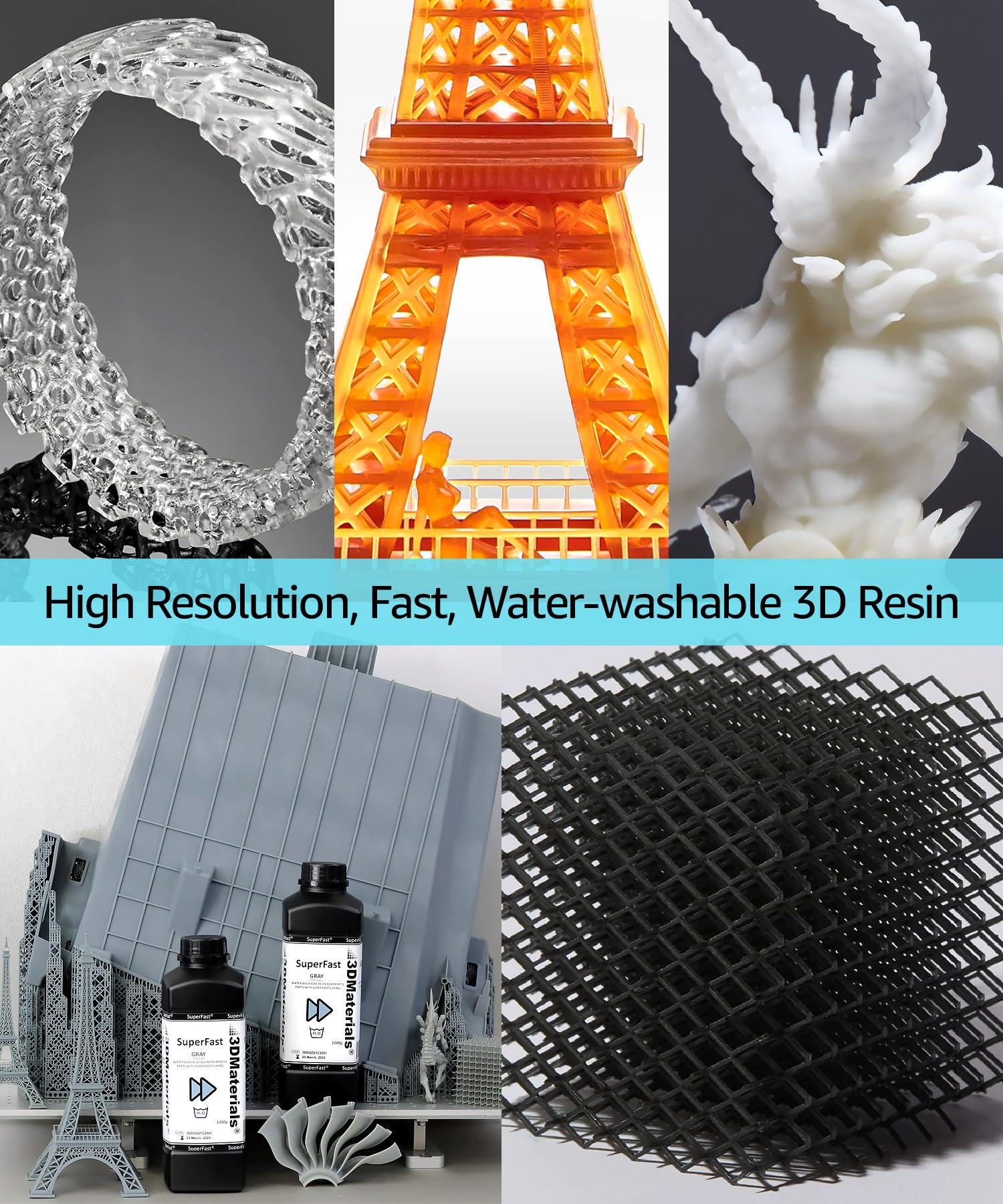 SuperFast 4K 3D Printer Resin Water Washable, 50um Print in 0.6 sec, Made in Korea by 3DMaterials (1000g, Amber)