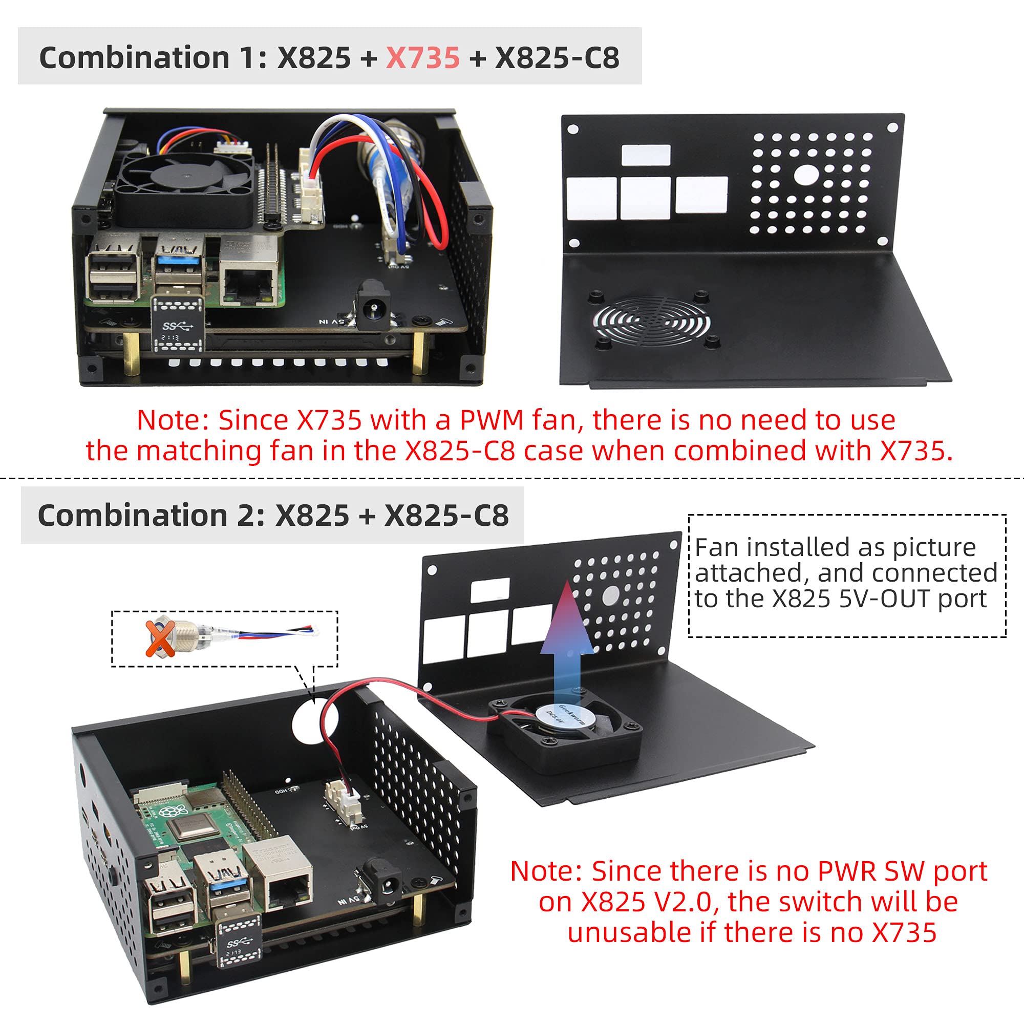 Geekworm X825-C8 (X825 V2.0) Metal Case+Power Switch+Cooling Fan Support X825 V2.0 2.5 inch SATA SSD/HDD Shield & Raspberry Pi 4 Model B & X735 Only(Not Include RPi4&X825 V2.0&X735&PSU&SSD&TF Card)